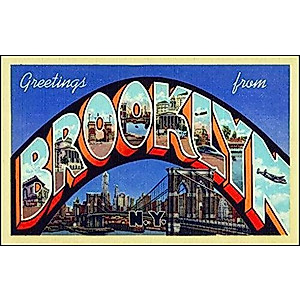 MAGNET 3x5 inch Vintage Greetings from Brooklyn Sticker (Old Postcard Logo New York ny) Magnetic vinyl bumper sticker sticks to any metal fridge, car, signs