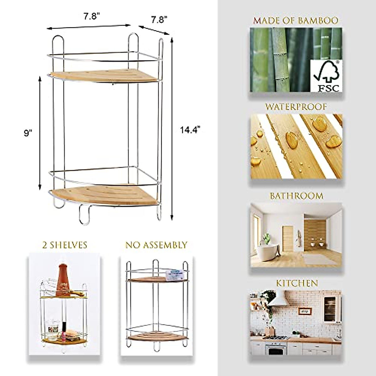 EVIDECO Free Standing Corner Shower Caddy, 2 Shelves, 8 L x8 W x 14.8 H, Chrome/Bamboo