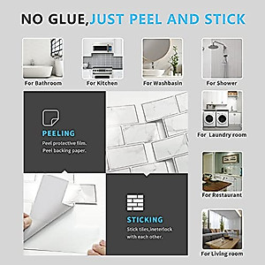 URCOLOR 10-Sheet Peel and Stick Backsplash Tile Sticker for Kitchen,12"x12" Self Adhesive Subway Wall Tiles Stick on Back Splashes for Bathroom White Marble Design