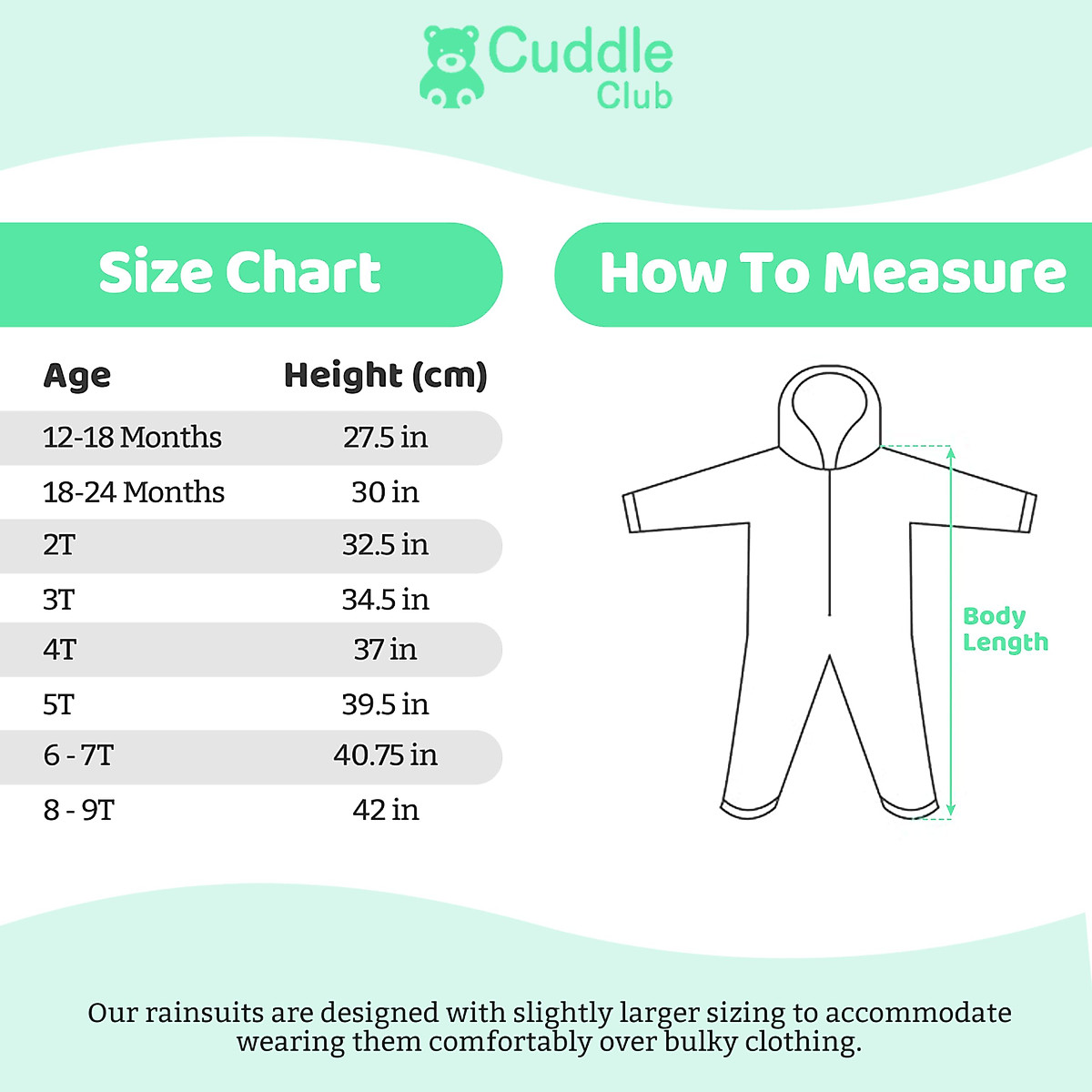 Cuddle Club Toddler Rain Suit - 2T Toddler Rain Jacket Muddy Buddy Rain Suit - Toddler Rain Suit for Toddler Boys & Girls - Rain Suit One Piece Toddler Raincoat - Girls & Boys Toddler Rain Gear
