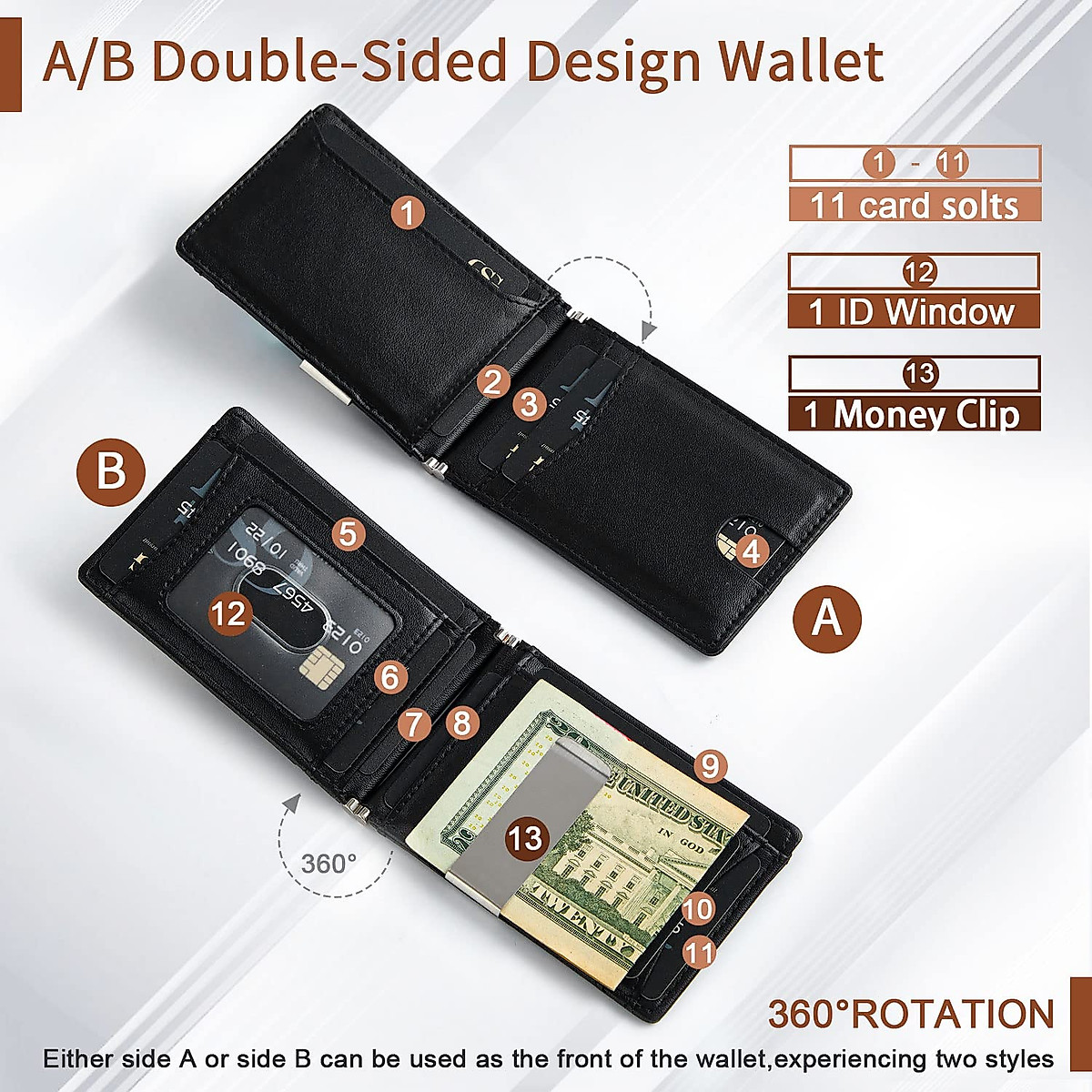 GSG Slim Wallet for Men with Money Clip, RFID Blocking Card Holder Leather Minimalist Bifold Wallet Front Pocket Wallet with Gift Box, Black