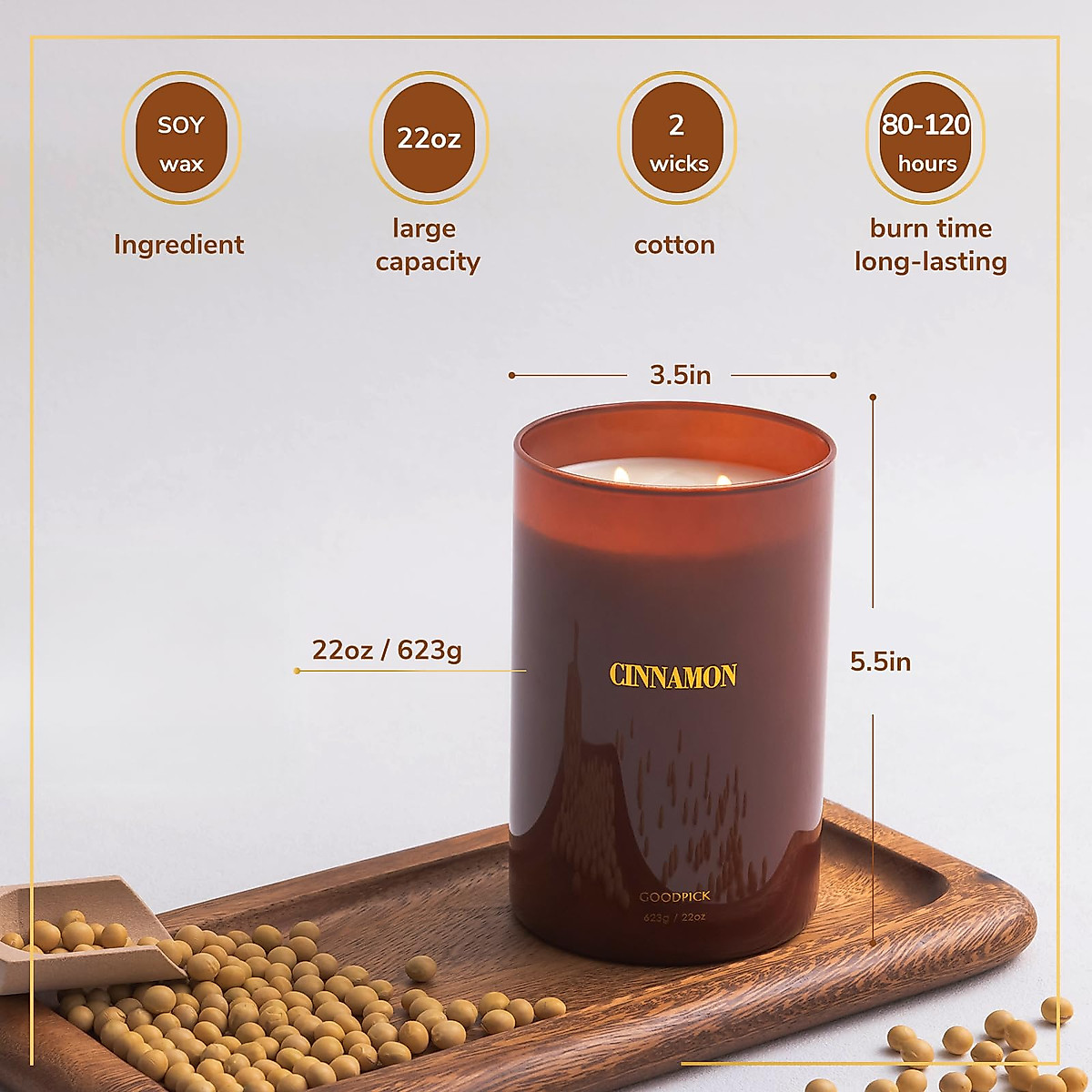 Goodpick Cinnamon Scented Candles 22 oz, Classic Luxury Candles for Home, 2-Wick Soy Candle, Large Jar Candles Gifts for Women, Birthday, Christmas, Bath, 120 Hours Burn Time