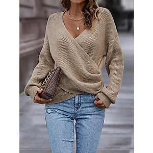 SweatyRocks Women's Casual Long Sleeve Drop Shoulder V Neck Wrapped Pullover Sweater Top Khaki Medium