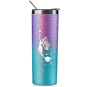 Onebttl Mermaid Gifts for Girls & Women - 20oz/590ml Stainless Steel Insulated Tumbler with Straw & Lid, Message Card - Be Mermazing (Glitter Purple)
