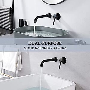 YardMonet Wall Mount Bathroom Faucet Matte Black, Single Handle Wall Mounted Bathroom Sink Faucet, 360° Swivel Solid Brass Long Spout, Rough-in Valve Included