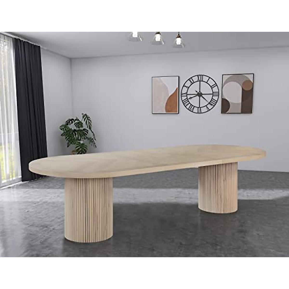 Meridian Furniture 725Oak-T Belinda Collection Mid-Century Modern Solid Wood White Oak Veneer Dining Table, Oval Design, Fluted Bases, 2 Leaves Included, 90"/106.5"/123" W x 47.5" D x 31" H, White