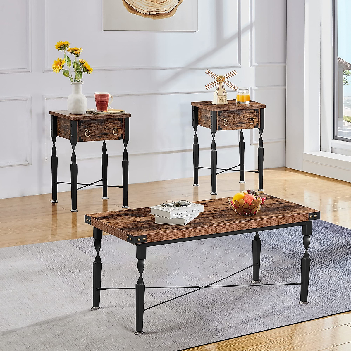 VECELO 3 Pieces Coffee/End/Side Table Set with Storage Drawers for Living Room, Office, Industrial Metal Frame, Easy Assembly, 41.3 in, One+Two, Rustic Brown