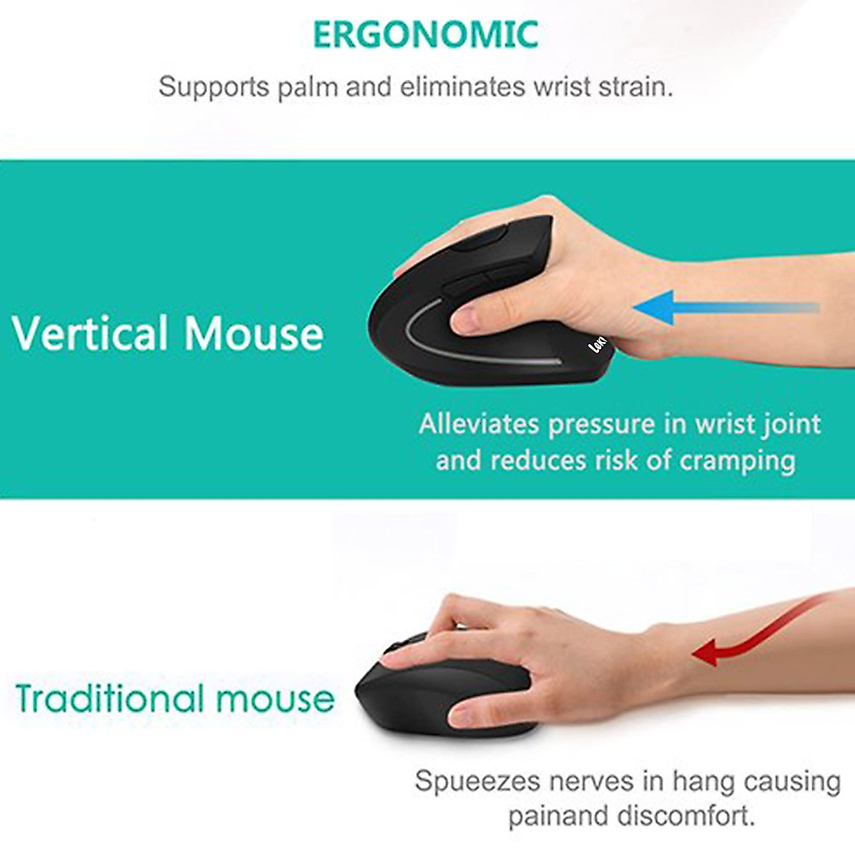 Ergonomic Mouse, Vertical Wireless Mouse - LEKVEY Rechargeable 2.4GHz Optical Vertical Mice : 3 Adjustable DPI 800/1200/1600 Levels 6 Buttons, for Laptop, PC, Computer, Desktop, Notebook etc, Black