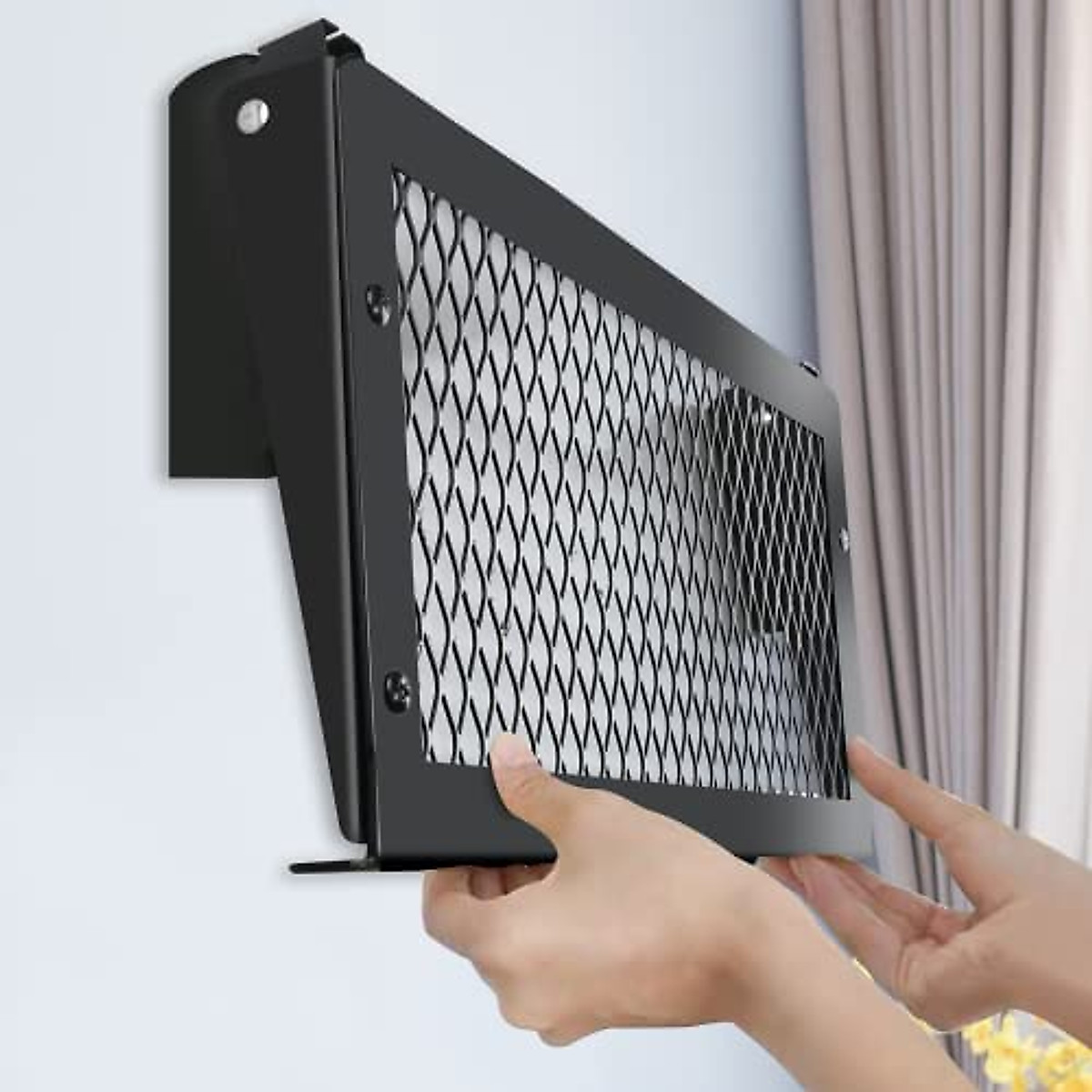 Sedesbon Floating Wall Shelves Set of 2, Black Floating Shelves,Wall-Mounted Bookshelf,Mesh Panel, Used in Living Room, Kitchen, Bathroom ，Garage,Folding with Hooks.