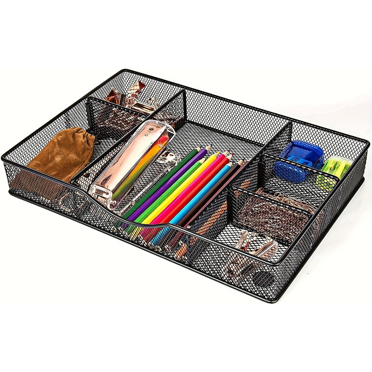 VyGrow Desk Drawer Organizer Tray, Metal Mesh Drawer Organizers Office, 6 Adjustable Compartment, Desk Organizer Tray for Home Office 12.87x8.73x1.96 inch, Black, 1 Pack