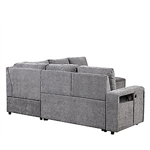 Olodumare L-shaped Oversized Modular Padded Cloud Sectional Fabric Sofa Set with Pull Out Bed, Convertible Sectional Couches with Storage Space, USB Ports, and Cup Holders for Living Room Office（Grey）