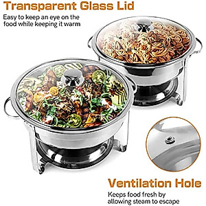 BriSunshine 2 Packs 4 QT Round Chafing Dish Set, Stainless Steel Chafing Dishes for Buffet, Food Warmers with Glass Lid & Holder for Weddings Parties Catering