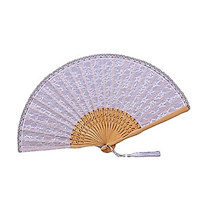 PHONME Decoration Folding Fan Chinese Folding Fan Lace Folding Handheld Fan Embroidered Hand Fan with Bamboo for Wedding Decoration Dancing Party Gift Elegant Hand Fan Vintage Style (Color : White)