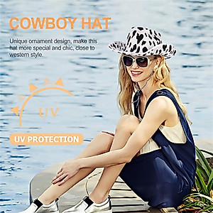 TOPORTY Cow Print Cowboy Hat White and Black Felt Hat with Adjustable Lanyard Cowboy Style Hat for Men and Women