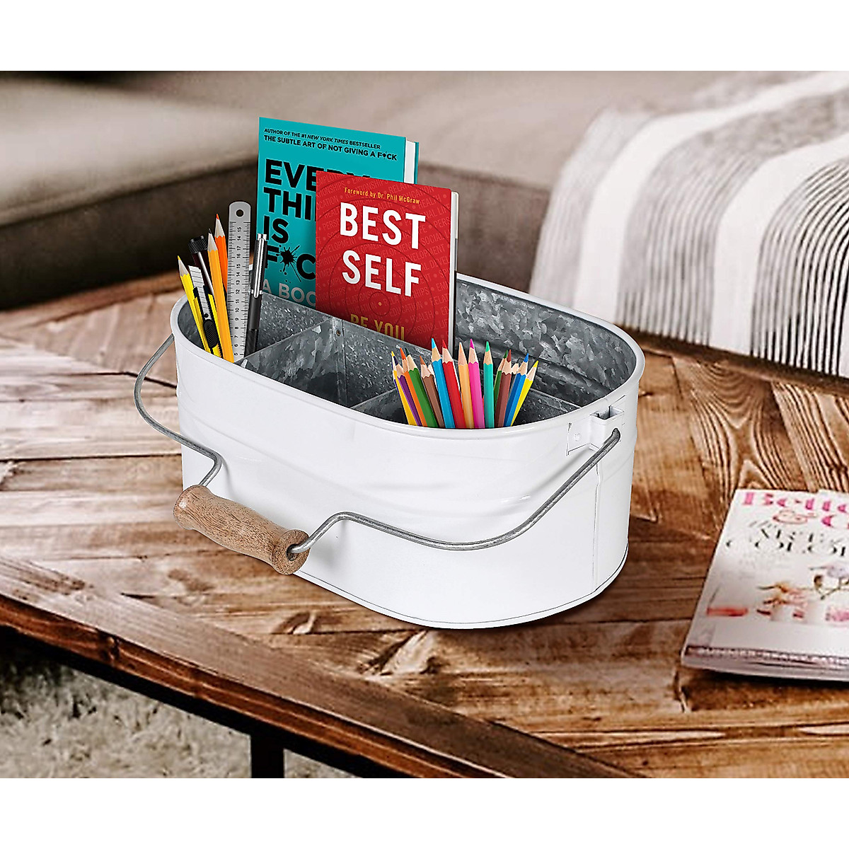 Bedding Craft Farmhouse Utensil Caddy -All Serveware - Galvanized Metal Organizer for Kitchen Counter,Metal Caddy,Wooden Handle Indoor/Outdoor Storage For Flatware, Condiments, Party Cutlery - White