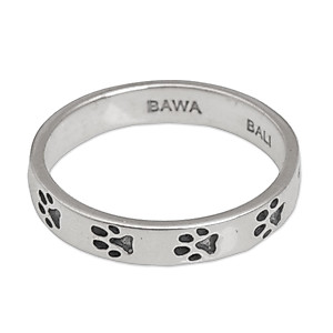 NOVICA Artisan Handmade Sterling Silver Band Ring Paw Print Motif from Bali No Stone Indonesia Animal Themed Modern Dog [band Width 4 mm W] ' Paw Prints'