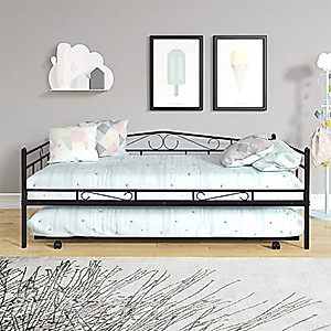 Twin Daybed with Trundle Metal Day Bed Frame with Pullout Trundle, Heavy-Duty Daybed for Living Room Bedroom Kids Teens and Adults, Black