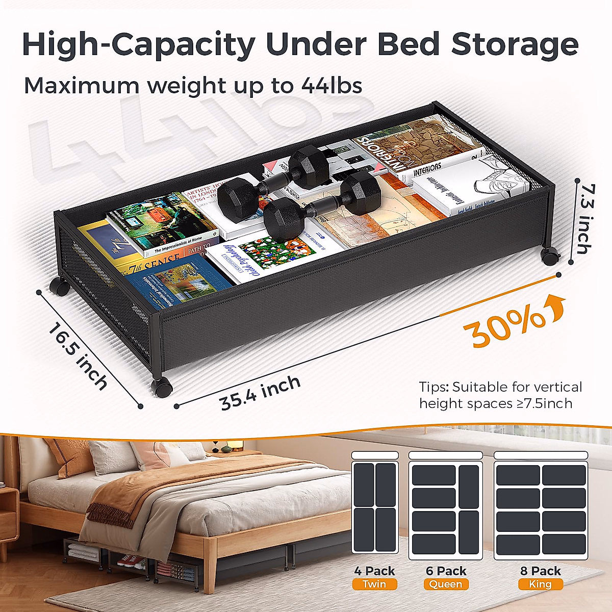 HUWAILE 60L Large Capacity Under Bed Storage with Wheels-Under Bed Storage Containers-Under Bed Storage Drawer-Under Bed Storage Organizer for Clothes, Blankets, Shoes, Books, and Toys (2 Pack)