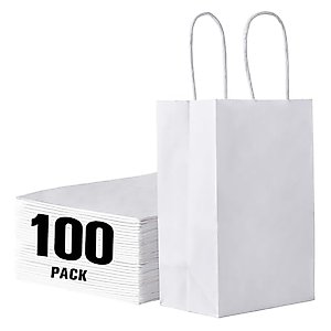 LITOPAK 100Pcs Paper Gift Bags, 8x5.25x3.75 Inches, White, Solid, Minimalist, Christmas, General Use, Gift Wrap, Bulk