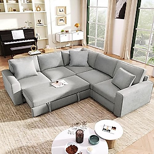 Extra Wide Deep Seat Convertible Sleeper Sectional Sofa Pull Out Couch Bed , L Shaped Upholstered Reversible Corner Lounge Sofabed , 2 IN 1 Pullout Sofa&Couches with Thicked Cushions for Living Room