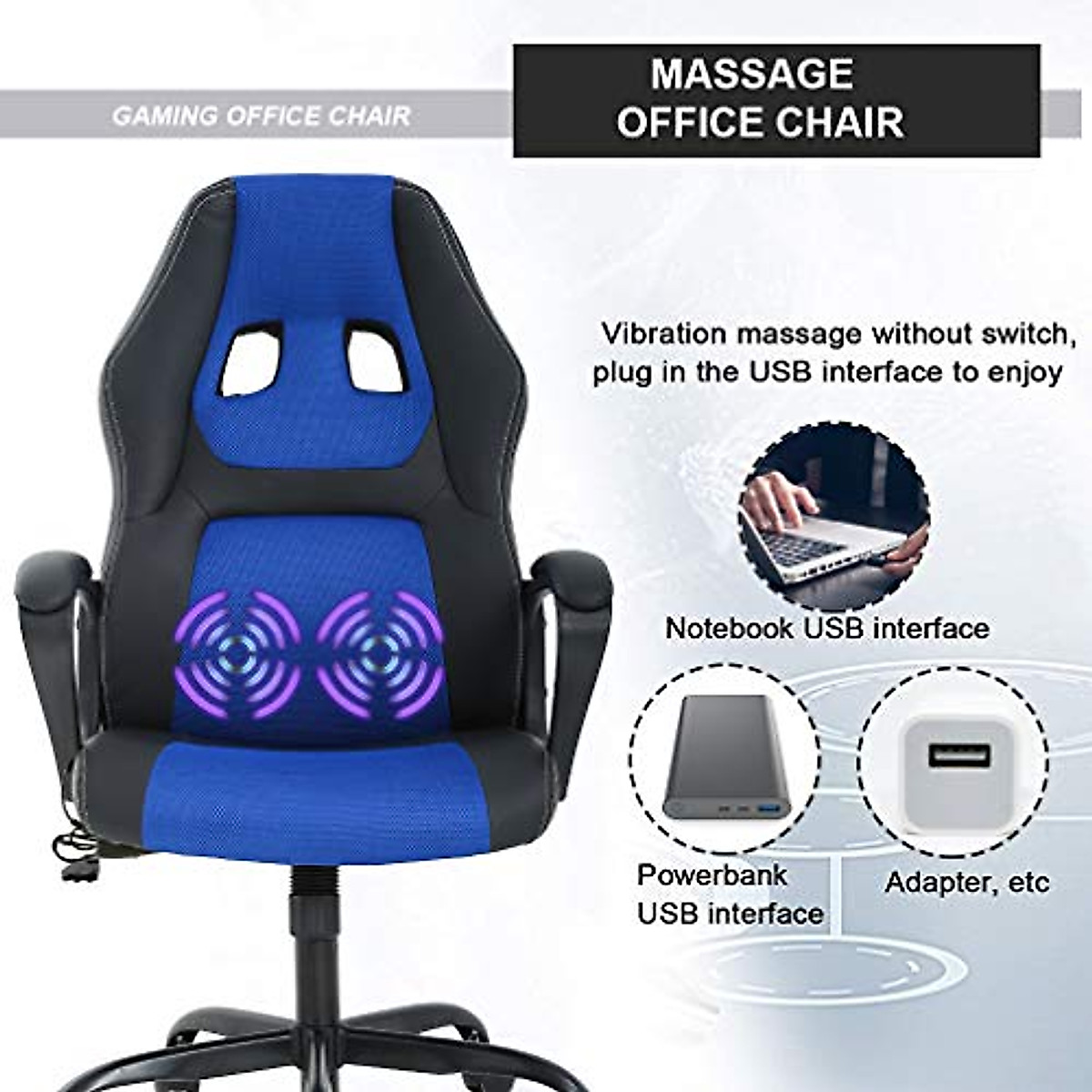 Office Chair Gaming Chair Ergonomic Massage Chair PU Leather Executive Seat with Swivel Base, Massage Lumbar Support, and Padded Armrests (Blue)