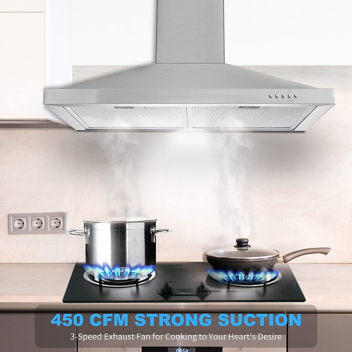 Tieasy Wall Mount Range Hood 30 inch with Ducted/Ductless Convertible Duct, Stainless Steel Chimney-Style Over Stove Vent Hood with LED Light, 3 Speed Exhaust Fan, 450 CFM