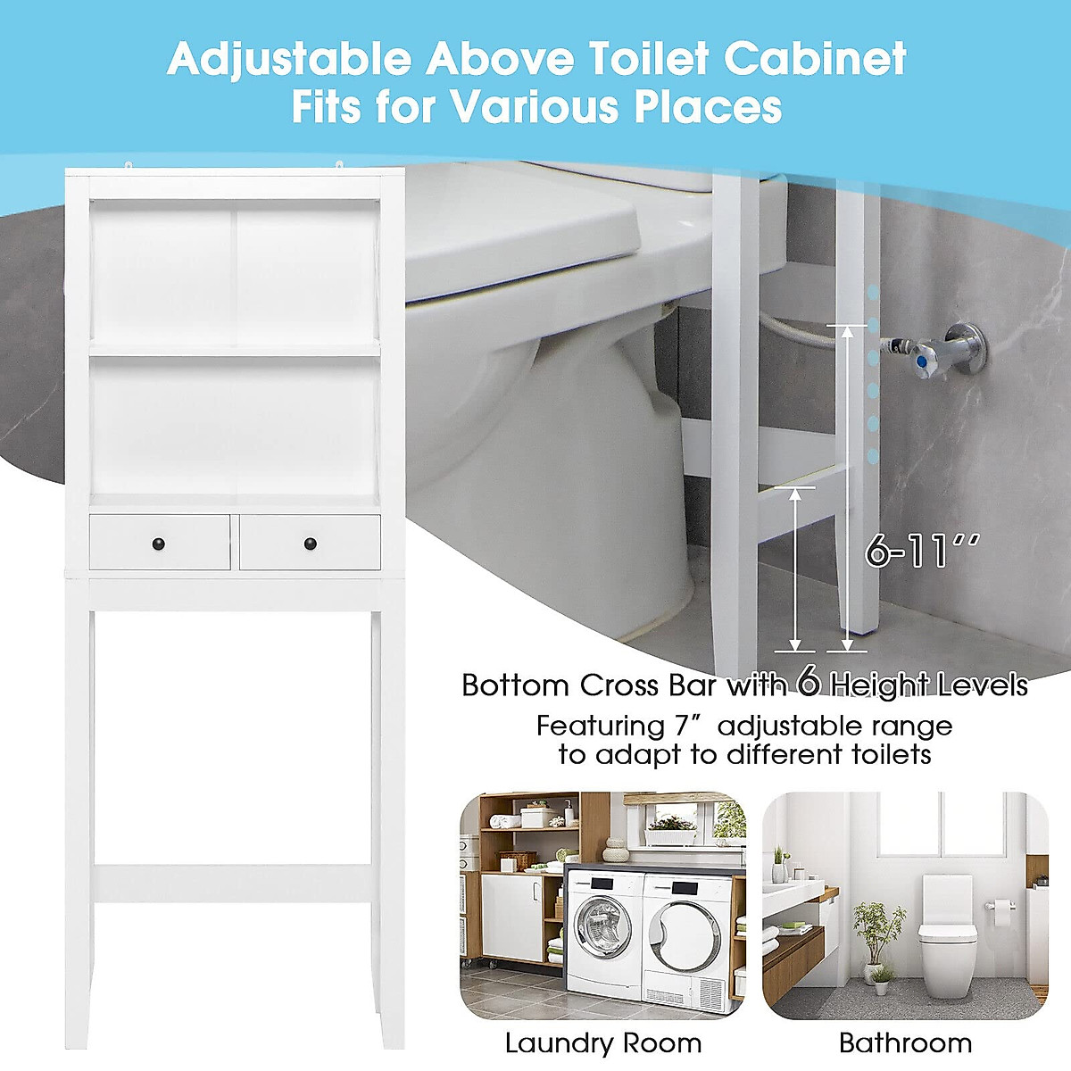 Hysache Over-The-Toilet Storage Rack, Bathroom Space Saver w/2 Drawers & Open Shelves, Fashionable Elegant Style, Freestanding Cabinet Organizer, Toilet Shelves Rack Unit, White HW63773