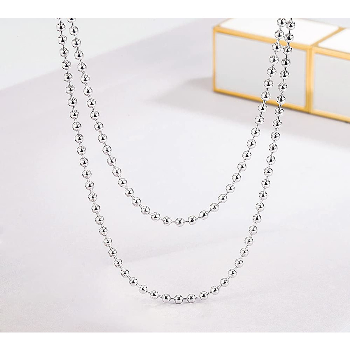 Meilanduo Solid 925 Sterling Silver 2.3mm Ball Bead Chain Necklace 18, 20, 22, 24, 26, 28 Inch for Women & Men (28")