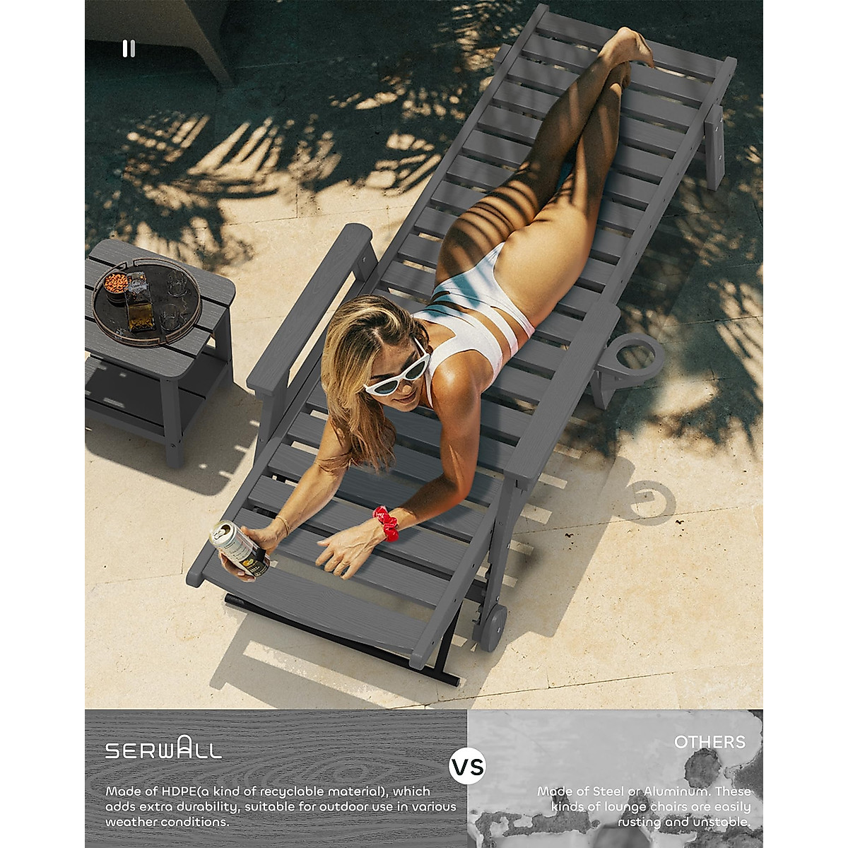 SERWALL Patio Chaise Lounge Chair Set of 2, 5 Positions Adjustable HDPE Outdoor Lounge Chair for Pool, Poly Lounge Chair with Rolling Wheels & Cup Holder for Poolside, Deck, Slate Gray