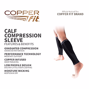 Copper Fit Unisex Adult Copper Infused Compression Calf Sleeves Bandana, Black, Small Medium US
