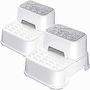 Two Step Stool for Kids, Double up Baby Child Toddler Stepping Stool for Potty Training,Bathroom Sink,Kitchen,Toilet Stool with Anti-Slip Strips for Safety, Stackable, Wide Step (2 Packs White)
