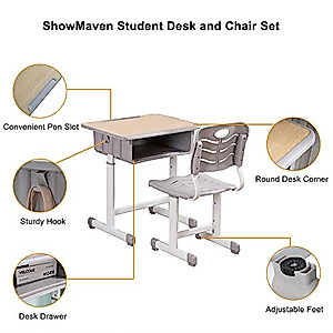 ShowMaven Student Desk and Chair Combo, Height Adjustable Children's Desk and Chair Workstation with Drawer, Pencil Grooves and Hanging Hooks for Home, School and Training (Light Grey&White Oak)