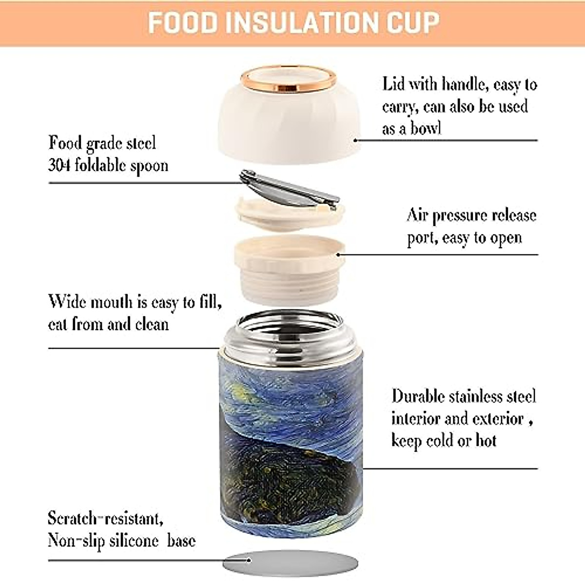 CUPADA Cat Art Funny Food Jar, Van Gogh Style Insulated Hot Food Jars Vacuum 17OZ with Folding Spoon for Work Trip Picnic Camping