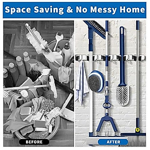 romise Mop Broom Holder Wall Mount, Laundry Broom Holder Organizer Storage Tool Wall Hanging with 5 Racks 4 Hooks, Stainless Steel Heavy Duty Garage Self Adhesive Tool Hanger for Home Garden Kitchen