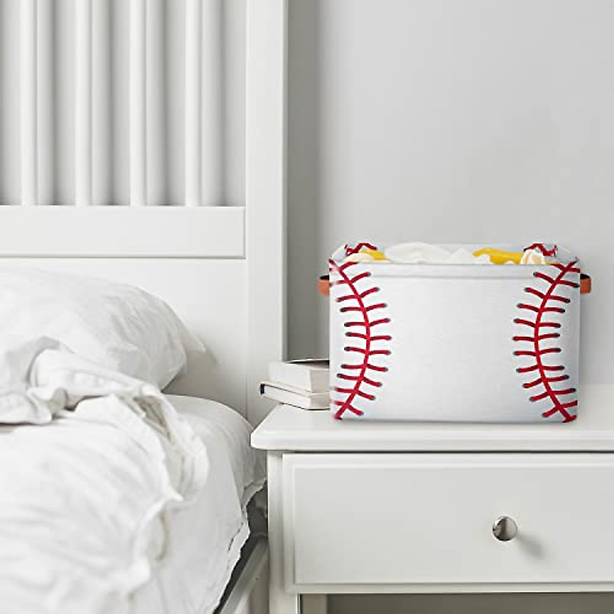 TropicalLife Baseball Laces Stitches Storage Basket Ball Softball Storage Bin Box Toys Organizer Shelf Cube with Handles for Kids Room Kitchen Office Nursery