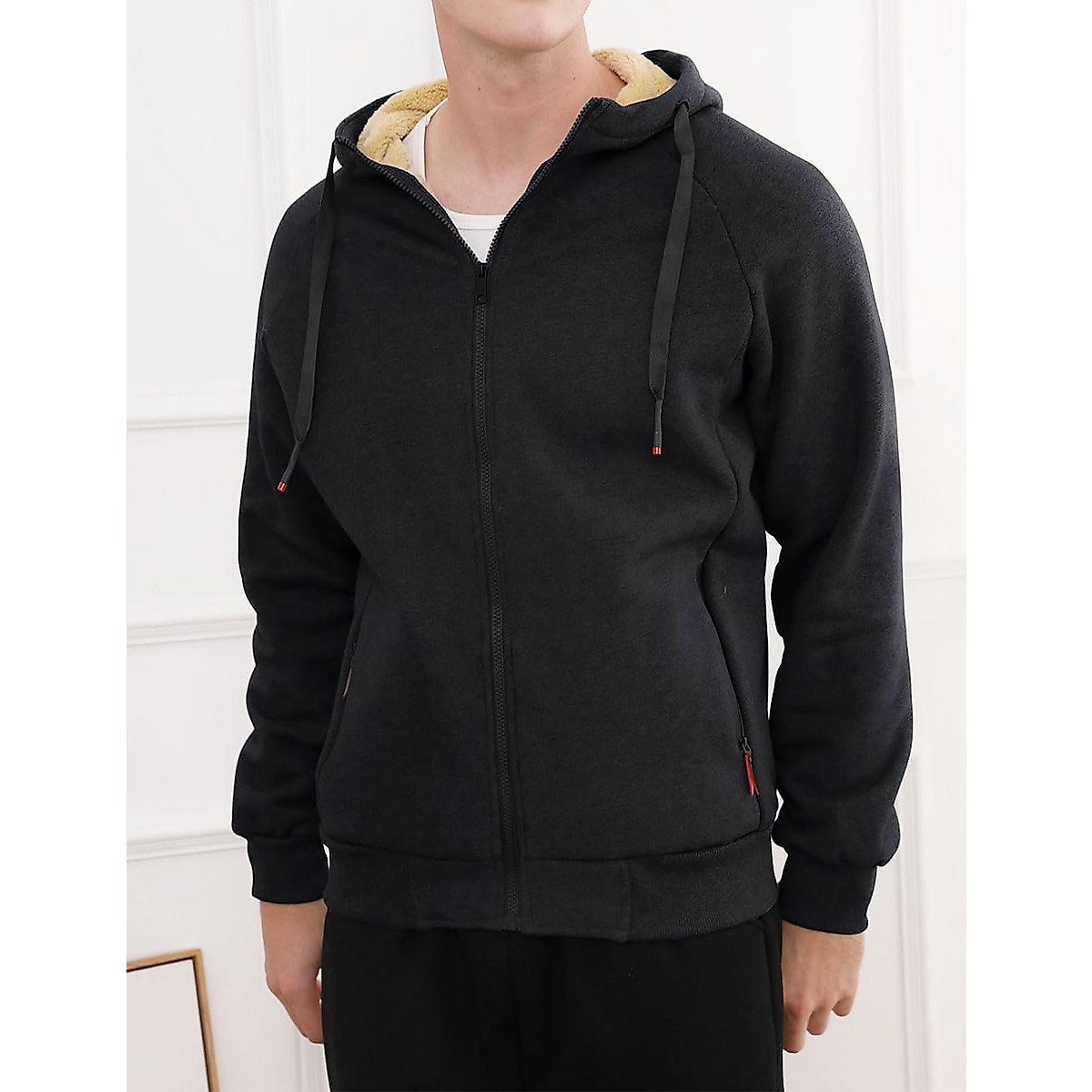 Gihuo Men's Winter Sherpa Lined Hoodie Zip Up Sweatshirt Heavyweight Warm Fleece Jacket with Pockets (Black, L)