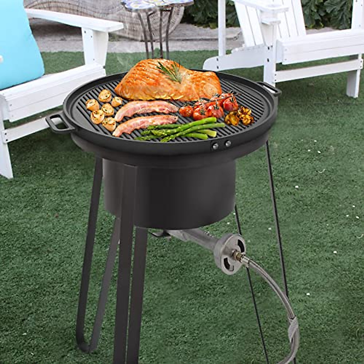 Onlyfire Chef 18" Cast Iron Campfire Griddle, Double Sided Reversible Stovetop Grill, Griddle Pan with Handles, 3 Removable & Height Adjustable Legs, Perfect for Gas Cooker, Outdoor Campfire Cooking