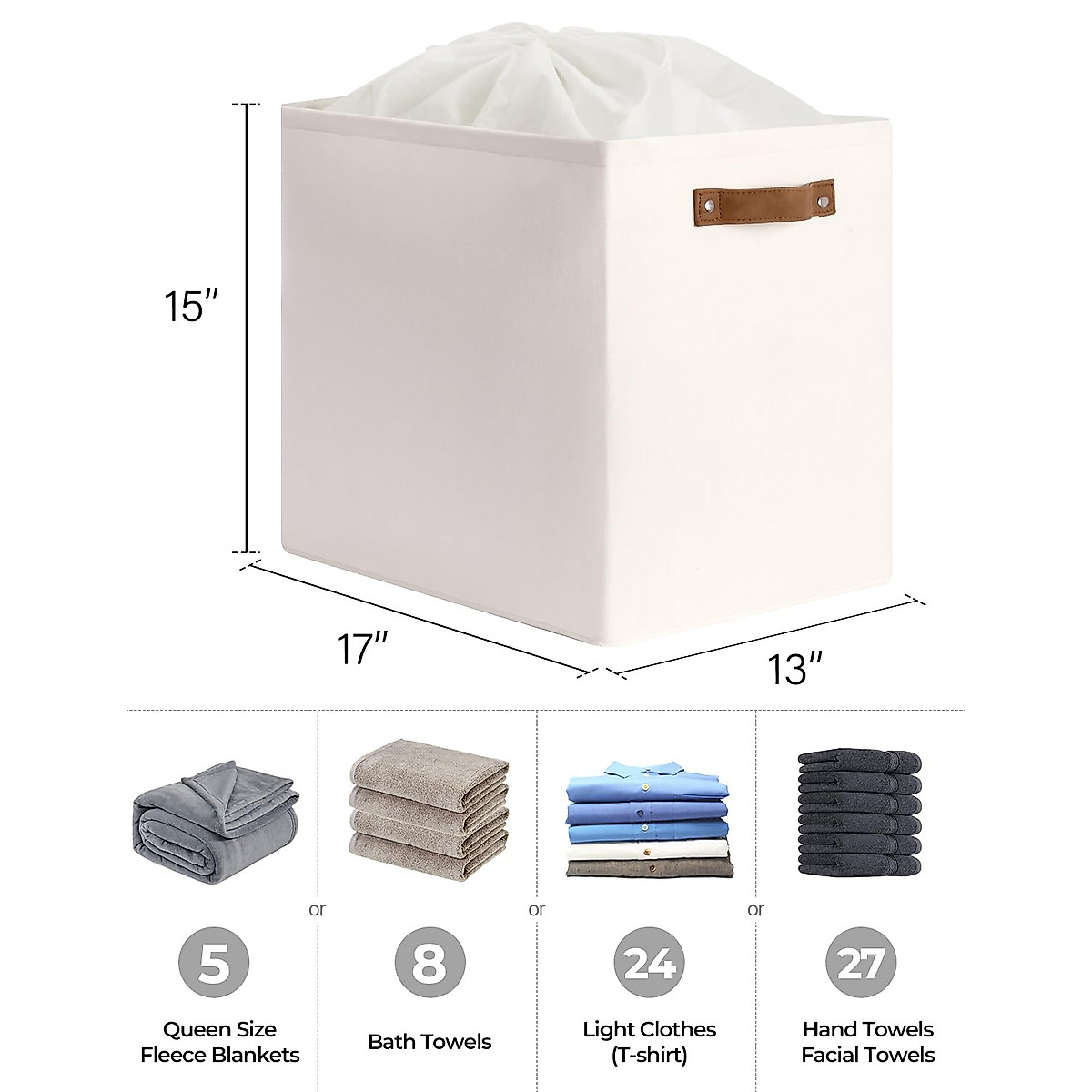 StorageWorks Fabric Storage Bin with Drawstring Closure, Foldable Storage Baskets for Organizing, Closet Storage Bins with PU Handles, Beige, Large, 3-Pack