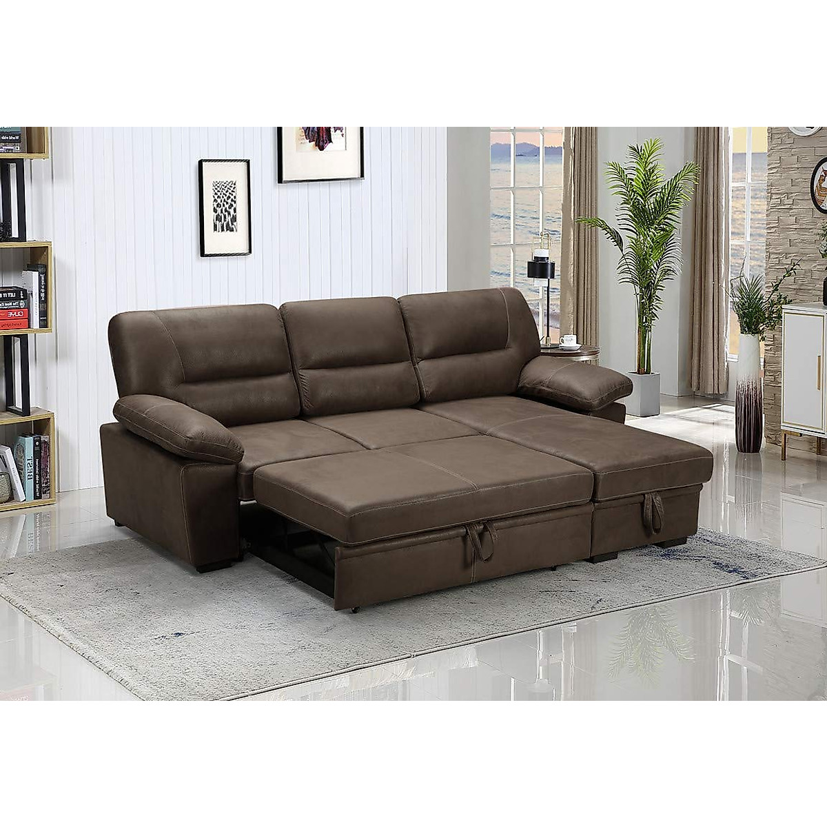 Lilola Home Kipling 99" W Saddle Brown Microfiber Reversible Sleeper Sectional Sofa Chaise
