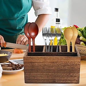 TNQNCFL Wooden Farmhouse Utensil Holders for Countertop,Spoon And Fork Holder,Wooden Utensil Holder,Utensil Caddy With 4 Compartments,for Silverware,Spoons,Pens,Staples