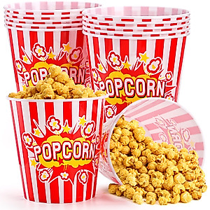YOUEON 12 Pack Large Plastic Popcorn Bowls, 85 Oz Reusable Popcorn Containers in Red & White Striped Retro Style, Popcorn Buckets for Movie Night, Theater, Party Theme