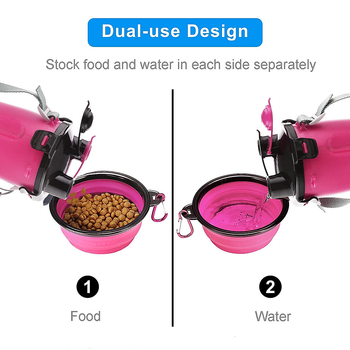 Guardians Dog Travel Water Bottle Collapsible Bowls, 2 in 1 Pet Food Container with Collapse Bowls, Outdoor Portable Water Bowls for Walking, Traveling, Camping and Hiking (Pink)