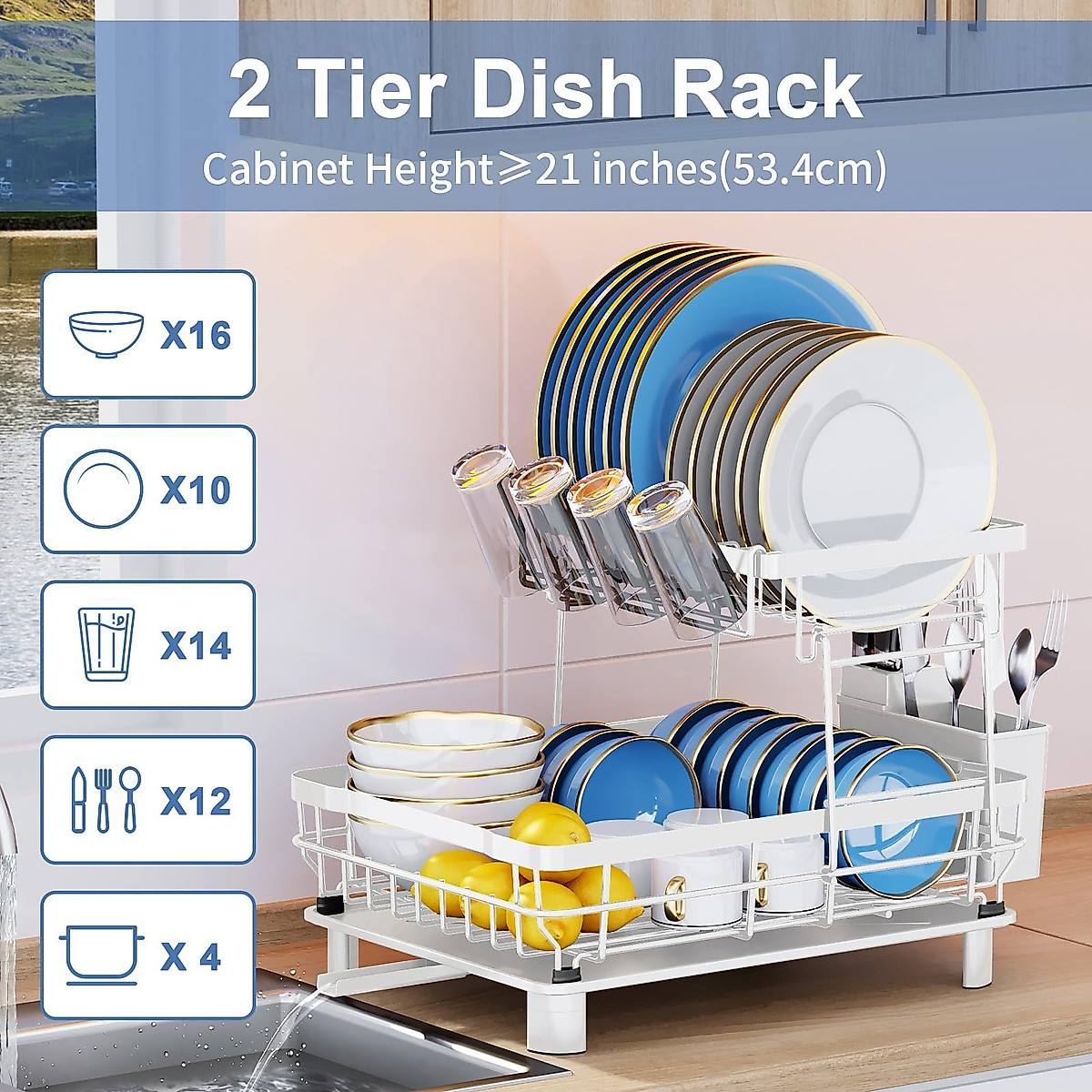 MOUKABAL White Dish Drying Rack- Durable Large Dish Racks for Kitchen Counter, Dish Drainer with Drainboard,Kitchen Organization and Storage for pioneer woman kitchen accessories (2 Tier
