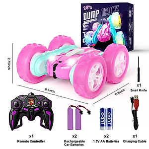 28℃ Remote Control Car for Boys, Drift High Speed RC Cars, 4WD 2.4Ghz Rechargeable RC Truck with Double Sided 360 Flips and Headlights Wheel Lights, Off-Road Stunt Toy Car for Kids Boy Girls Pink