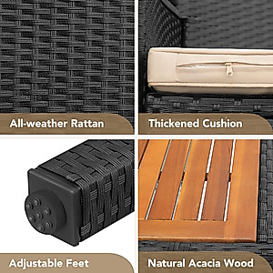 Devoko 5 PCS Furniture, Patio Conversation Set with Acacia Wood Top, Rattan Outdoor Dining Table and Chairs for Backyard, Garden, Deck, Black