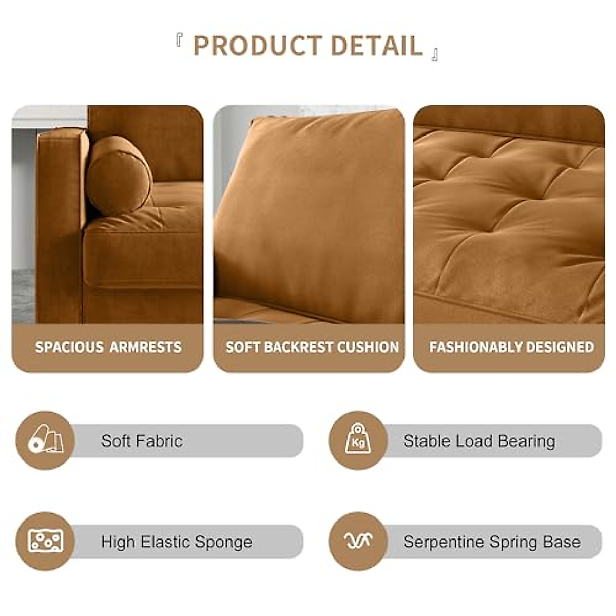 SILKIR Velvet Furniture for Small Spaces, Mid-Century Modern Loveseats for Living Room, Love Seat Couch Sofas, 70 Inches, Ginger