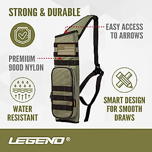 Legend Back Quiver - Tactical Arrow Holder, High-Density Polyester Fabric, Extra Shoulder Foam Padding - MOLLE System for Patches, Pouches - Zippered Storage for Archery & Hunting Accessories - Green