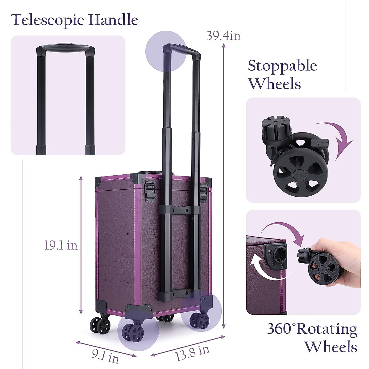 FRENESSA Rolling Nail Case Wheeled Manicure Storage Case Polish Organizer Professional Makeup Trolley for Studio or Travelling Nail Technician Artists Cosmetologist Stylist - Purple Vegan Leather