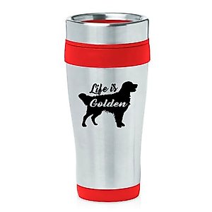 16oz Insulated Stainless Steel Travel Mug Coffee Mug Tumbler Golden Retriever 'Life is Golden' (Red)