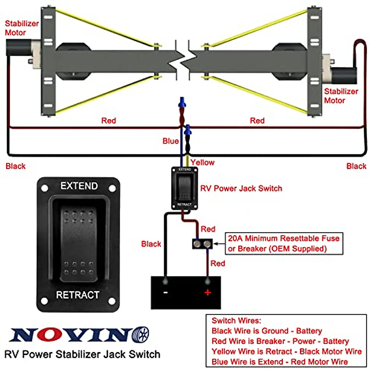 NOVINO Power Stabilizer Switch,Waterproof Electric Jack Switch for RV Camper Travel Trailer, Exact Replacement for Power Stabilizer Extend/Retract Switch with Wiring Harness